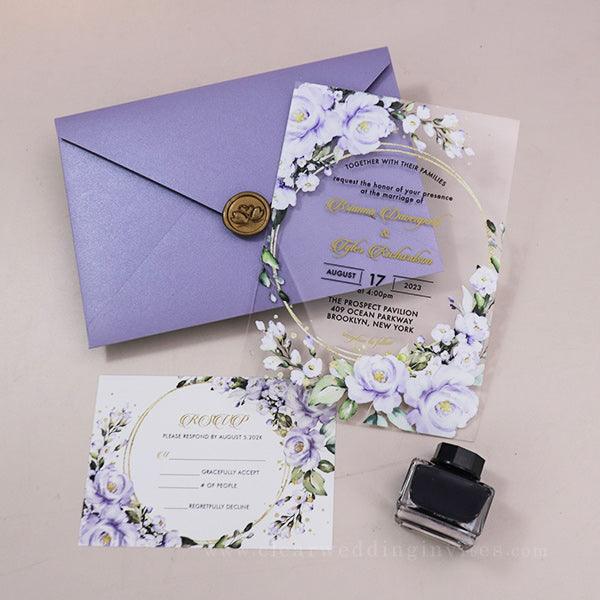 acrylic wedding invitations, purple and gold wedding invitations ...