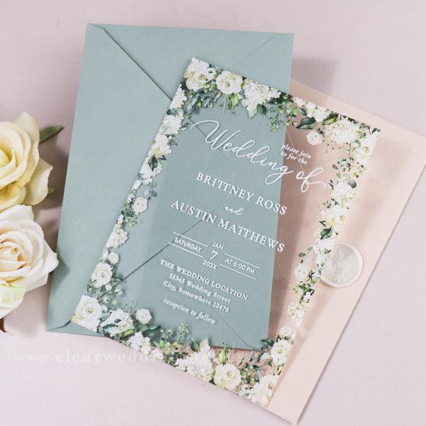 hydrangea elegant white rose floral acrylic wedding invites CWIA104 ...