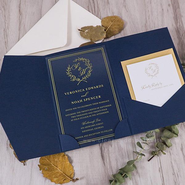 navy and gold wedding invitations, Gold leaf wedding invitations, navy ...