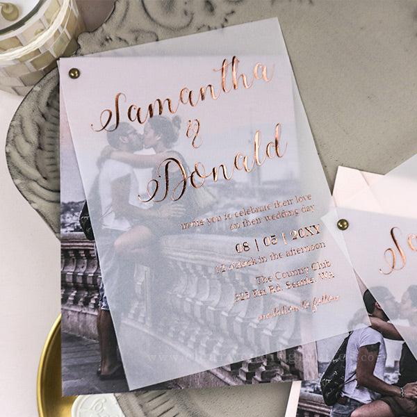 gold foil wedding invitations, photo save the date, rose gold wedding ...