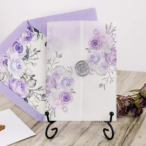Purple and silver Floral Vellum Wedding Invitations CWIV21 – Clear ...