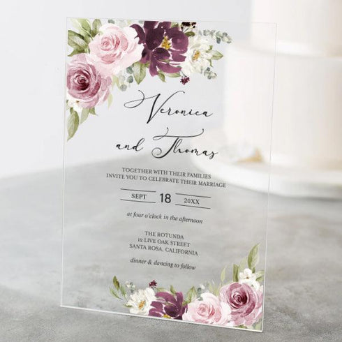 ash rose and delicate pink watercolor floral acrylic wedding invitatio ...