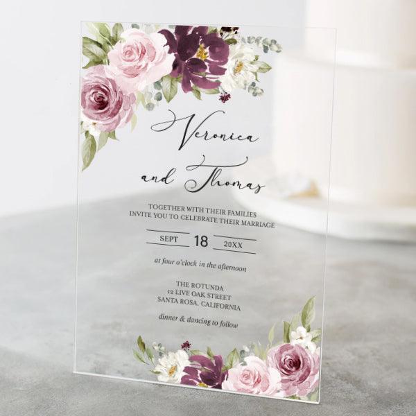 ash rose and delicate pink watercolor floral acrylic wedding invitatio ...
