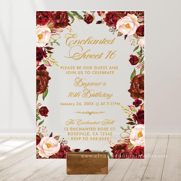 Red Roses and Gold Quinceañera Acrylic Invitations CWIA182 – Clear ...