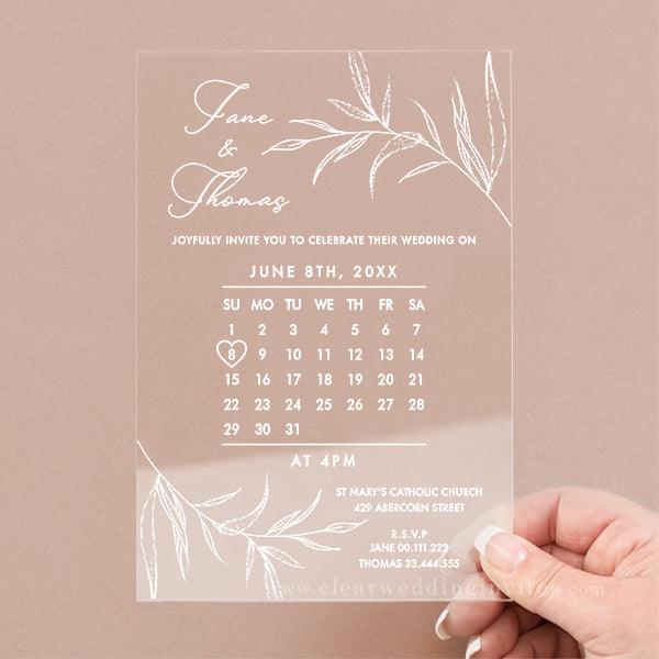 minimal foliage calendar clear acrylic wedding invitations CWIA230 ...
