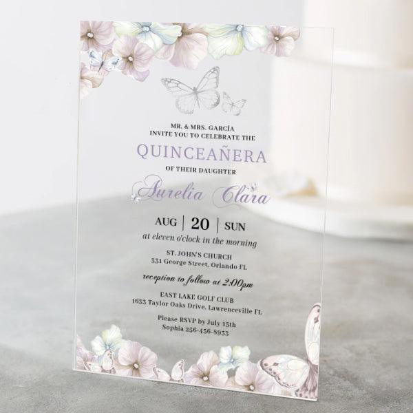 purple lilac floral butterflies acrylic invitations for quinces, sweet ...